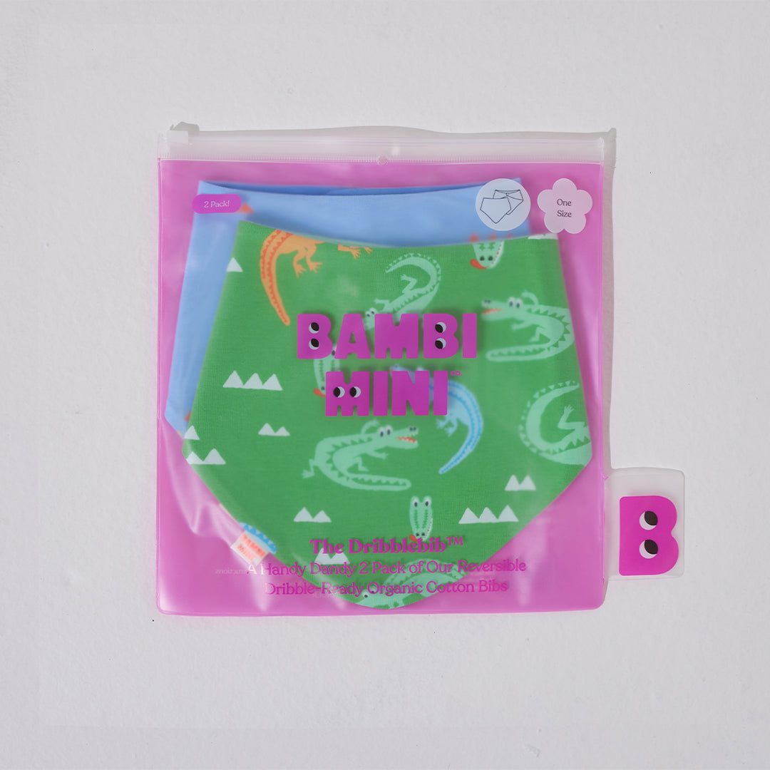 The Dribblebib | Crocodile Rock Green and Blue 2-Pack | Bambi Mini Co.